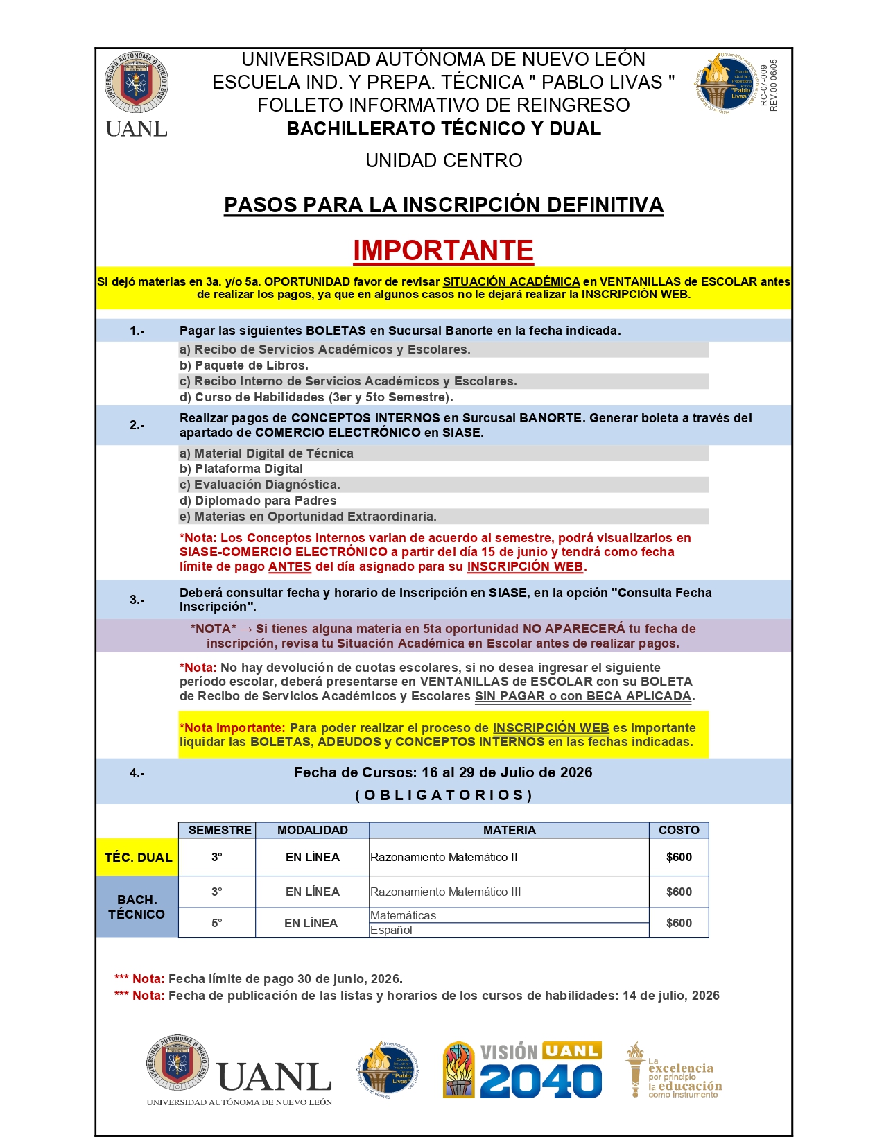Folleto informativo de reingreso - Preparatoria Pablo Livas